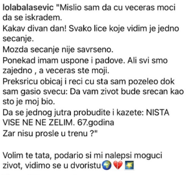 Volim te tata, podario si mi najlepši mogući život! Lola Balašević ...