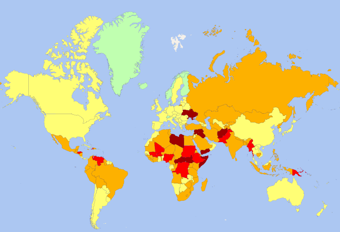 Objavljena mapa najopasnijih zemalja na svetu