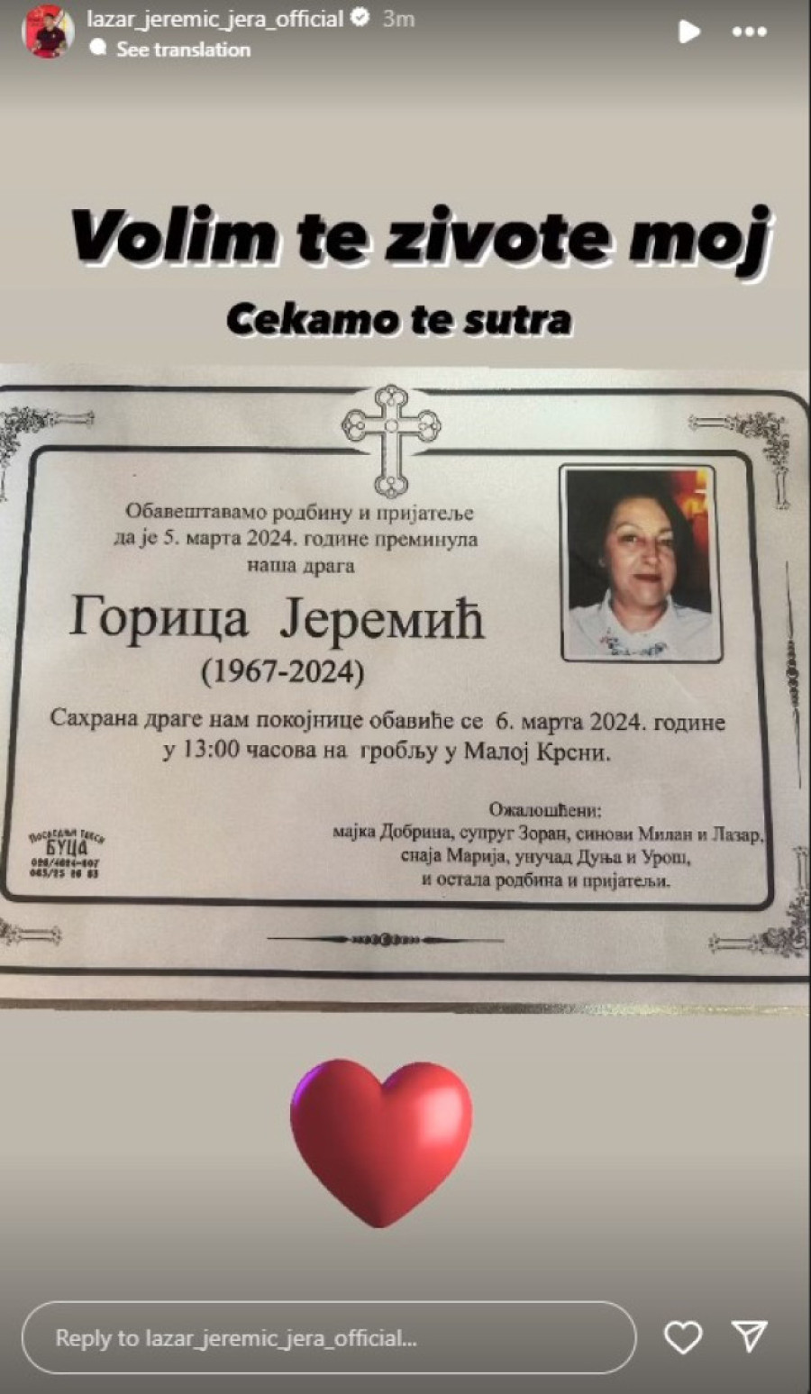 Preminula majka Lazara Jeremića