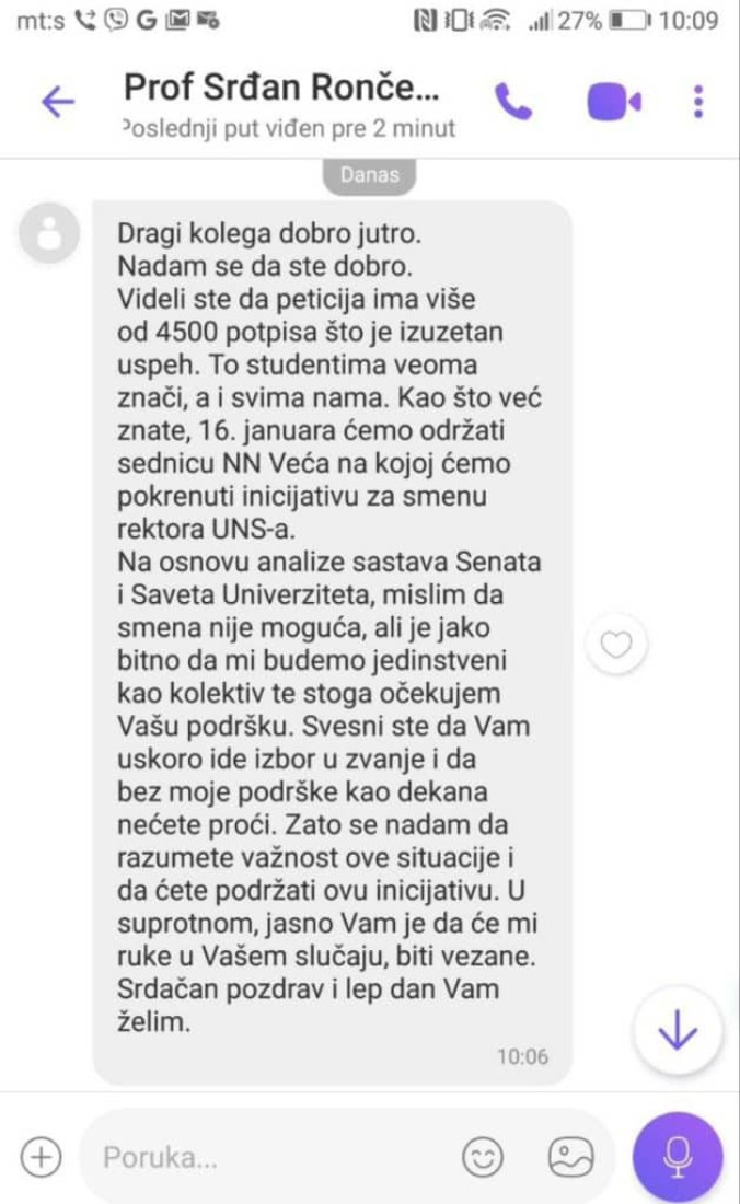 Dekan PMF Srđan Rončević vrši pritisak pred sednicu veća
